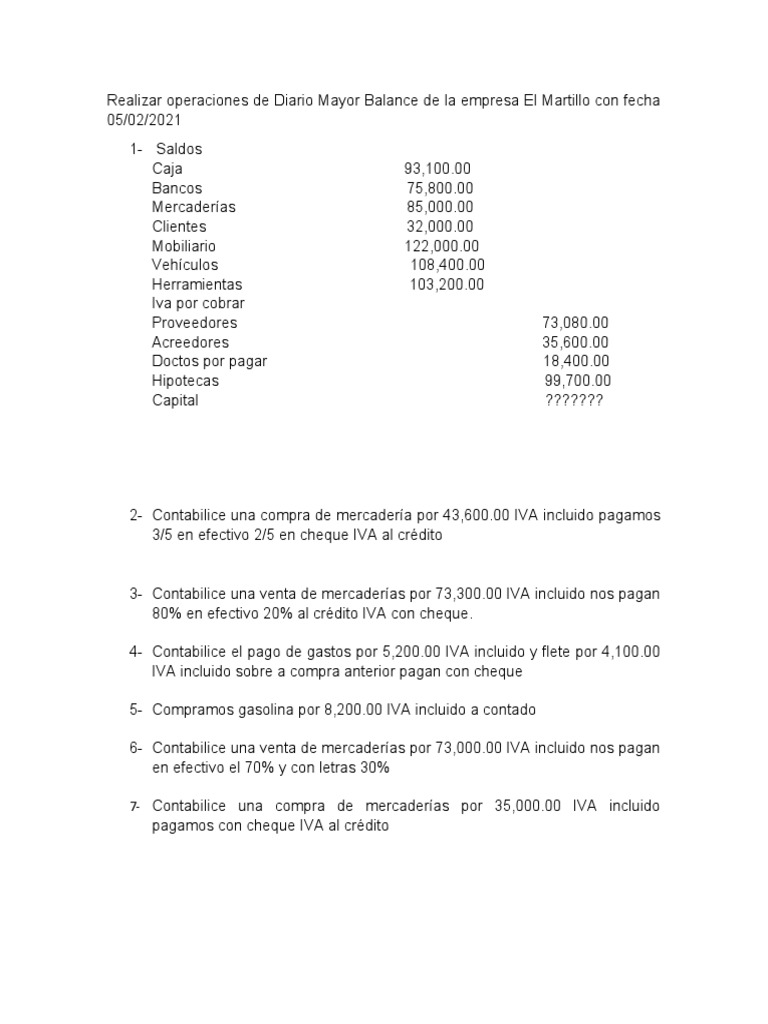 Ejercicio de Diario Mayor y Balance | PDF