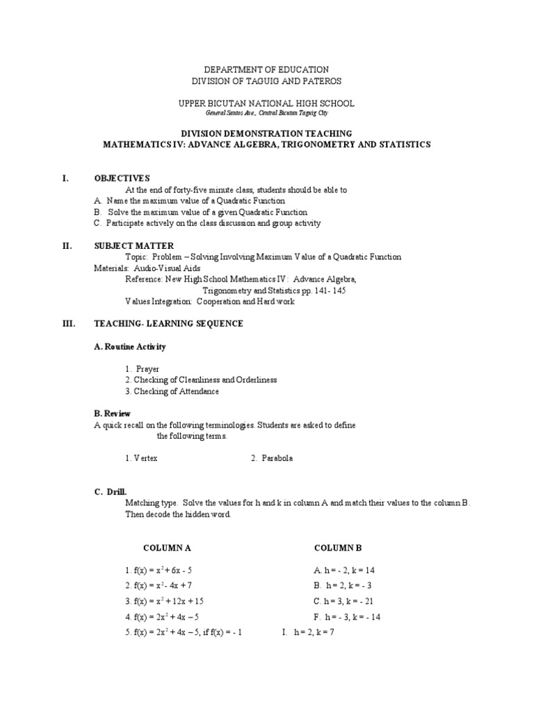 Lesson Plan On Quadratic Functions | PDF | Teaching Mathematics ...