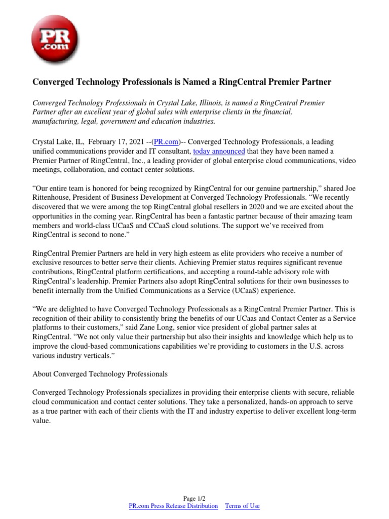 Converged Technology Professionals Is Named A RingCentral Premier Partner | PDF | Cloud ...
