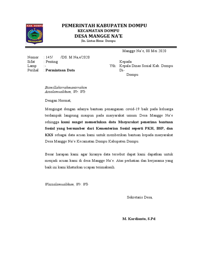 Surat Permintaan Data Ke Dinas Sosial | PDF