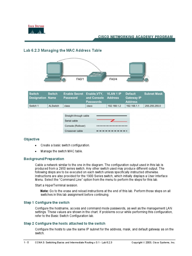 Lab 6.2.3 Managing The MAC Address Table: Objective | PDF | Cisco ...
