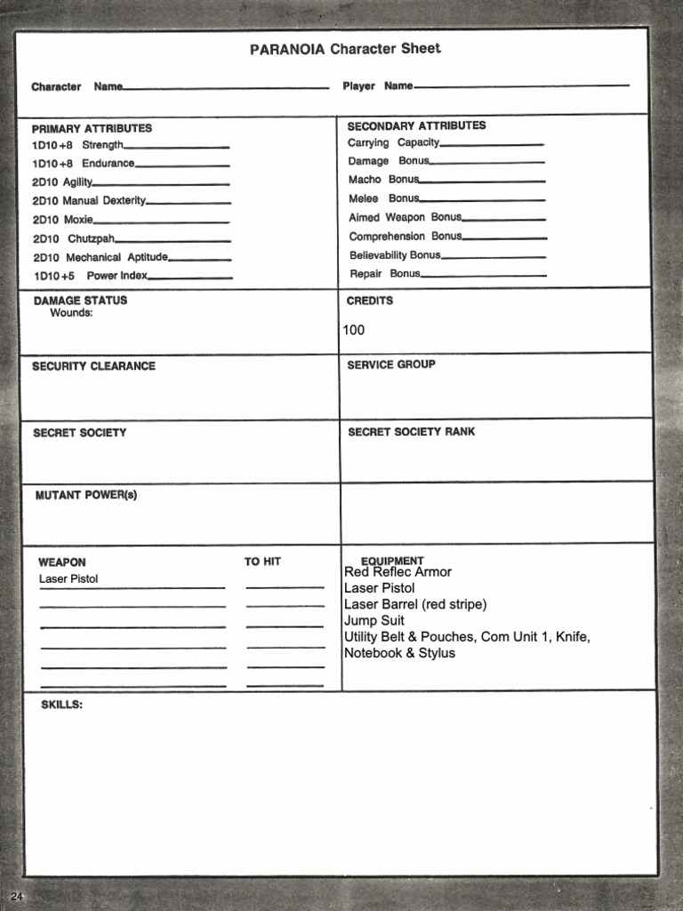 PARANOIA CHARACTER SHEET Fillable | PDF
