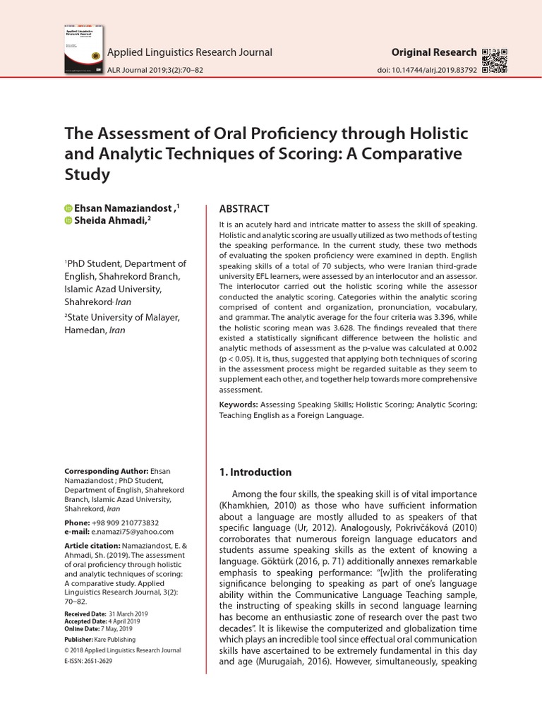 Assessment of Oral Proficiency Through Holistic | PDF | Educational ...