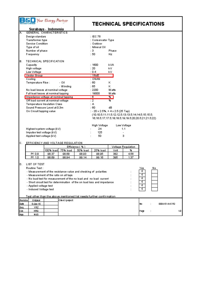 1600kVA Transformer Technical Specs | PDF | Transformer | Electronic ...