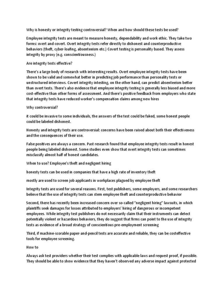 Why Is Honesty or Integrity Testing Controversial | PDF | Integrity ...