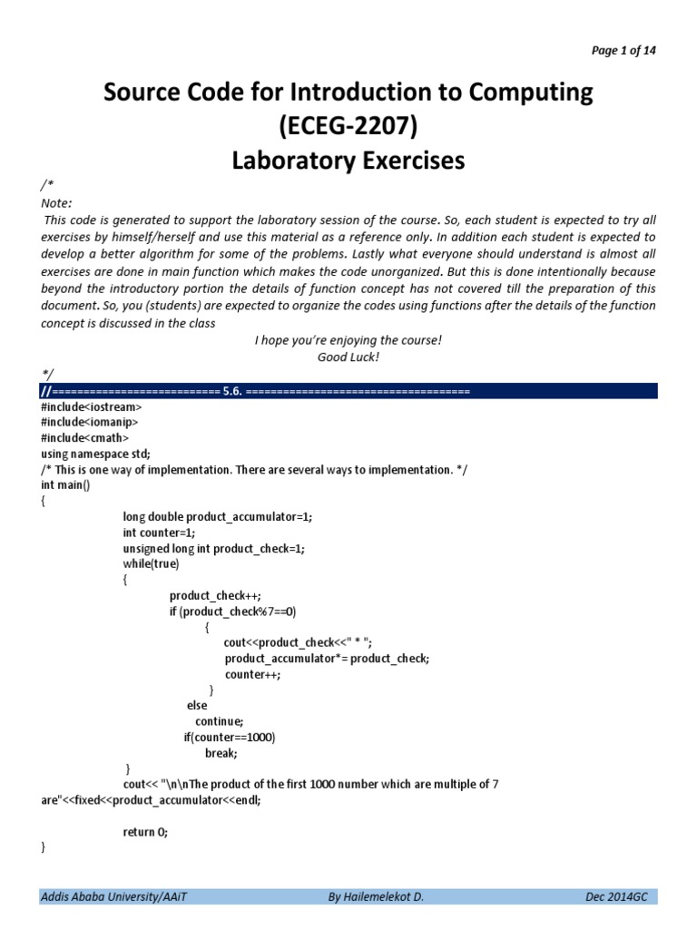 Solution To Source Code For Introduction To Computing Solution For Laboratory Exercises 5 7