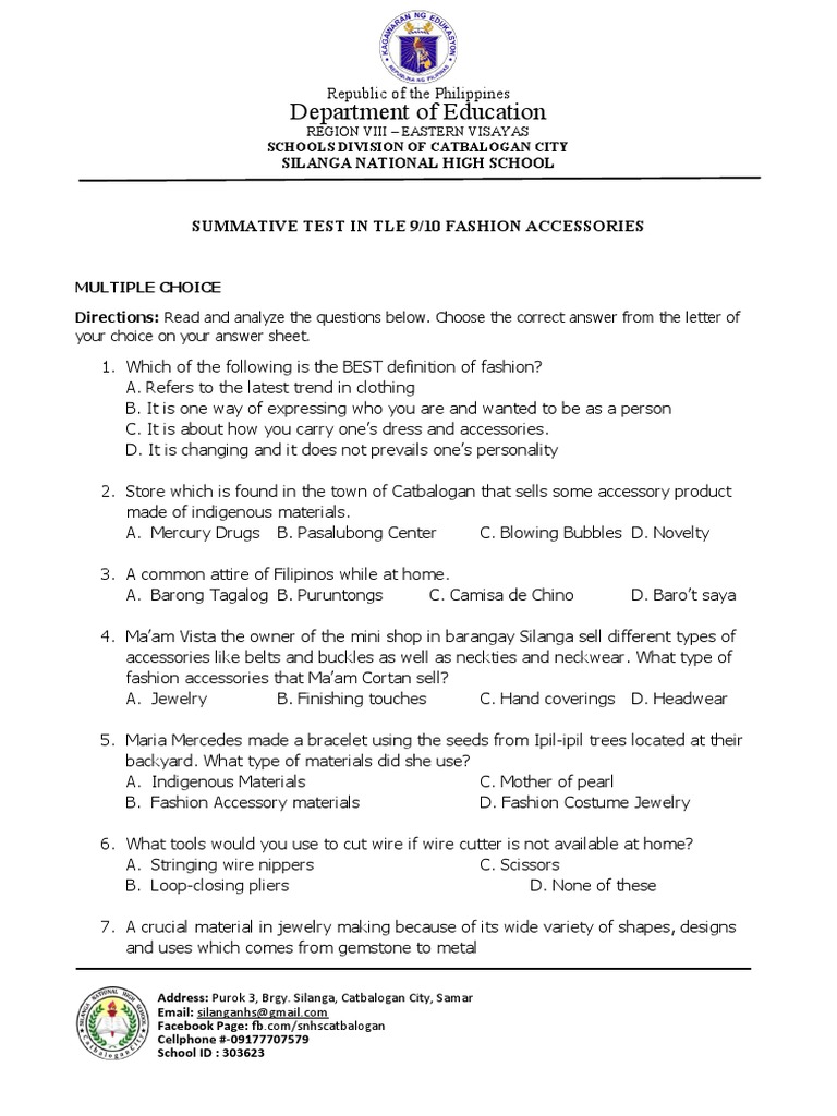 Department of Education: Summative Test in Tle 9/10 Fashion Accessories ...