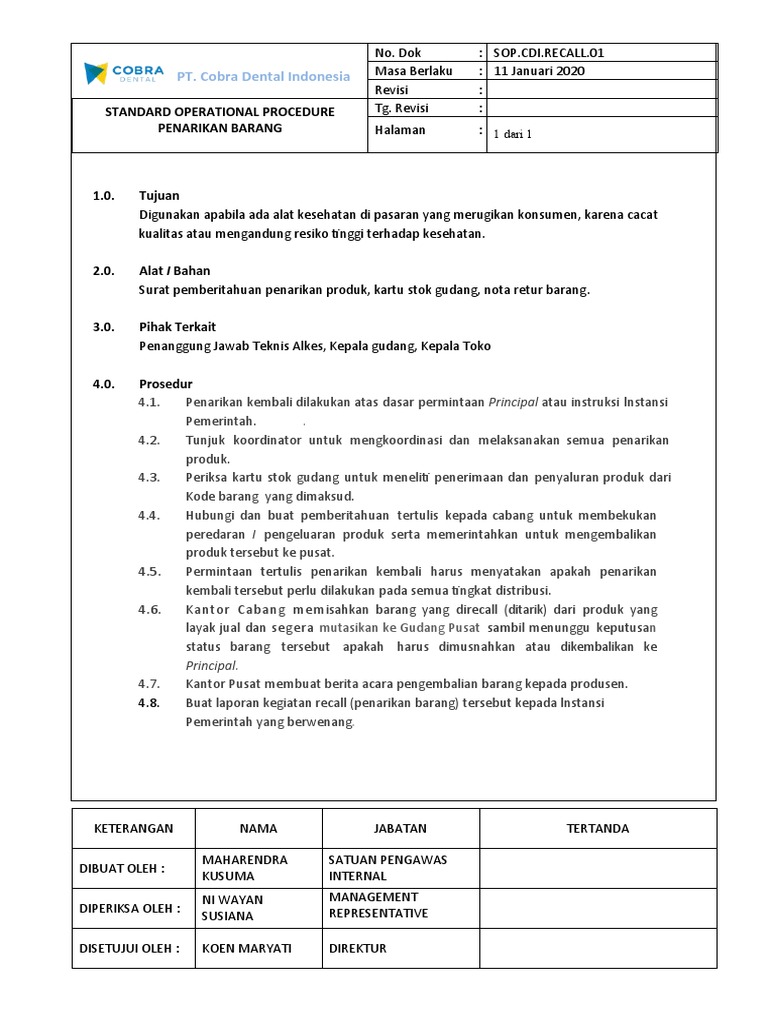 Sop Penarikan Barang (Recall) Cdakb | PDF