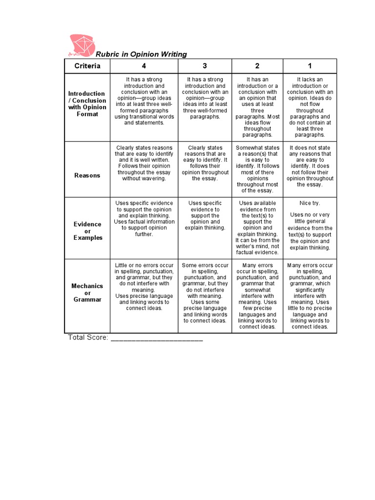 Rubric in Opinion Writing | PDF | Rubric (Academic) | Reason