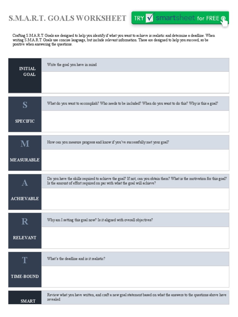 S.M.A.R.T. Goals Worksheet: Initial Goal | PDF