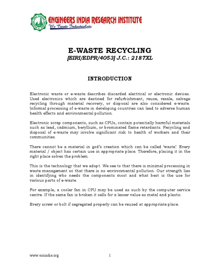 Project Report On E-Waste Recycling | PDF | Electronic Waste | Recycling