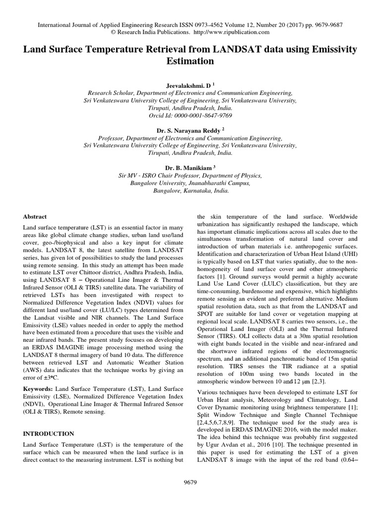 Land Surface Temperature Retrieval From LANDSAT Data Using Emissivity Estimation | PDF ...