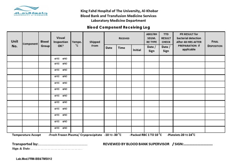 M-BBTMS 012 Blood Component Receiving Log | PDF