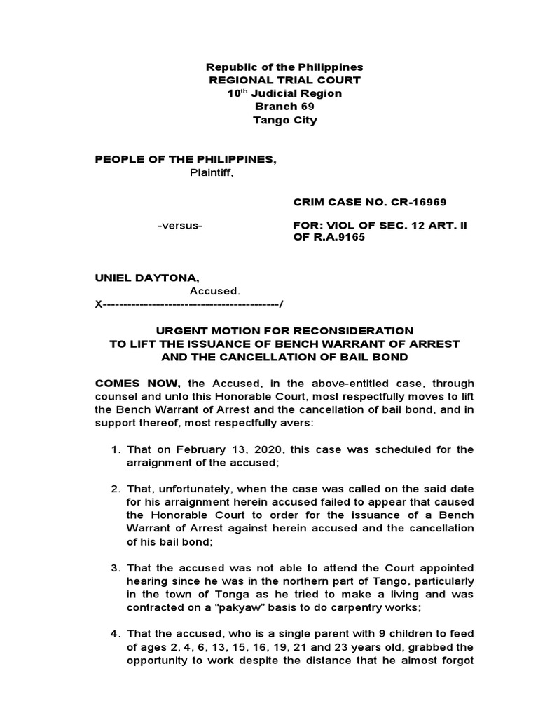Motion to Lift Bench Warrant of Arrest | PDF | Arrest | Arrest Warrant