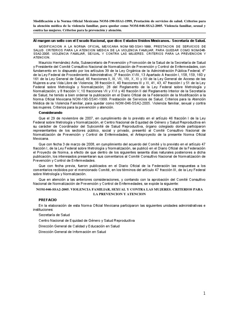Nom-046-Ssa2-2005. Violencia Familiar, Sexual y Contra Las Mujeres Criterios para La Prevención ...