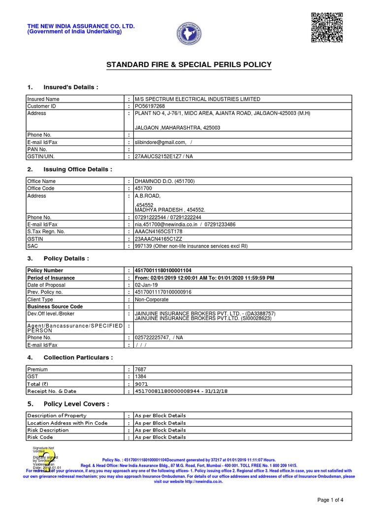 Standard Fire & Special Perils Policy: 1. Insured's Details | PDF ...