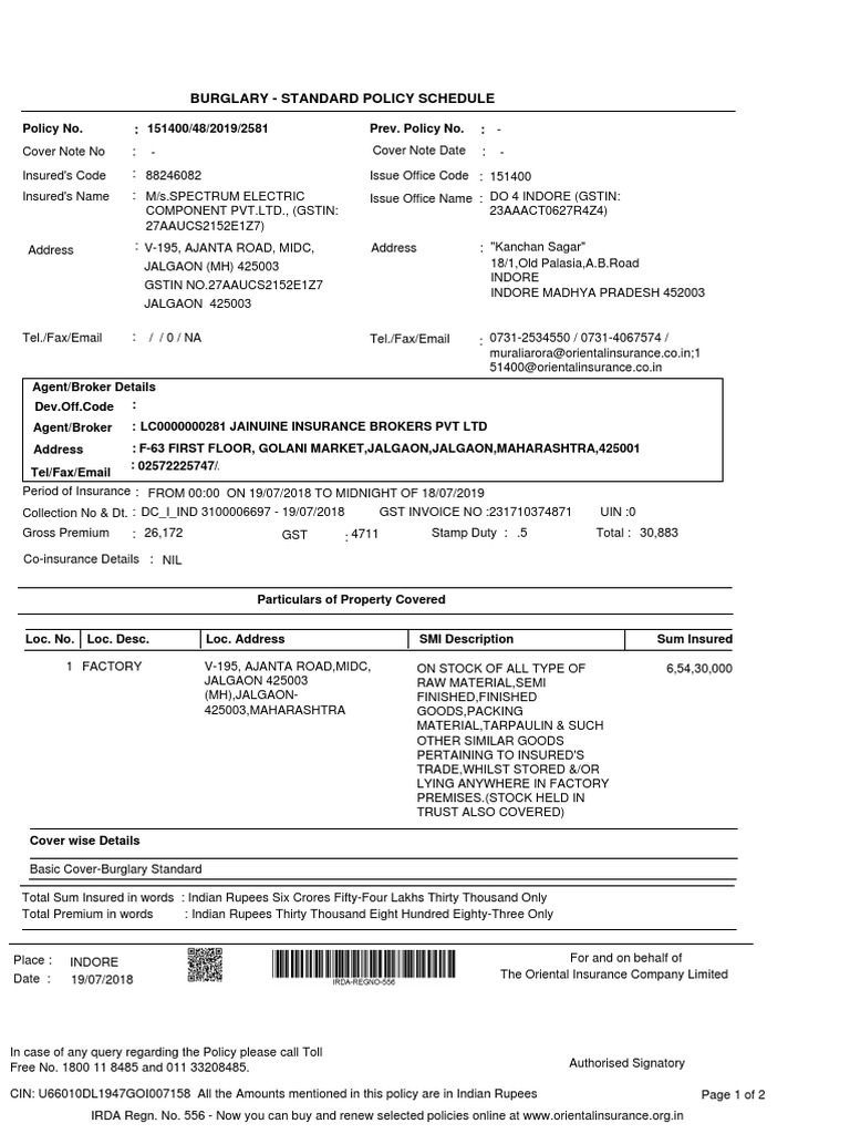 Burglary - Standard Policy Schedule | PDF | Insurance | Private Law