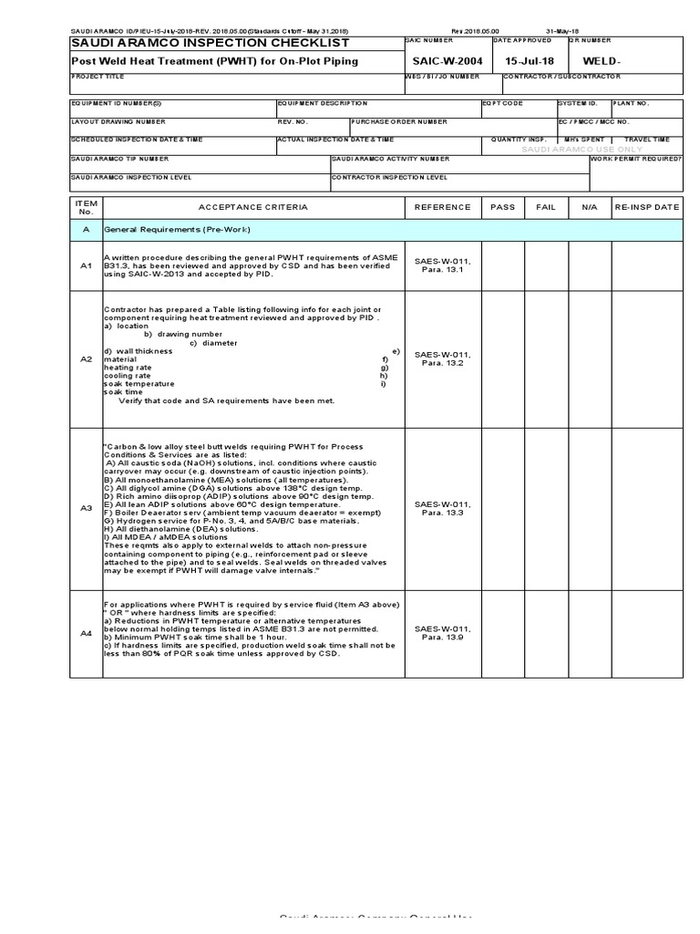 Saudi Aramco Inspection Checklist: Post Weld Heat Treatment (PWHT) For ...