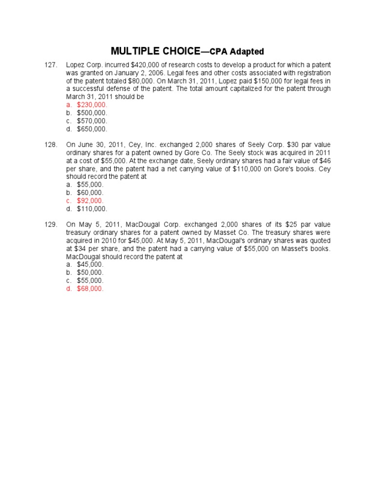 Multiple Choice: - CPA Adapted | PDF | Goodwill (Accounting) | Patent