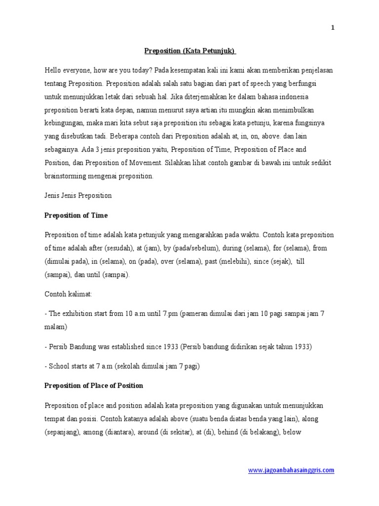 Contoh Kata Preposition Beserta Arti Dan Contoh Penempatannya | PDF