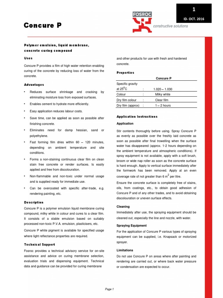 Concure P - TDS | PDF | Emulsion | Concrete