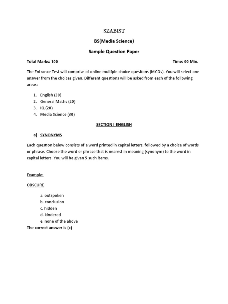 BS (Media Science) Sample Question Paper: Szabist | PDF | Multiple ...