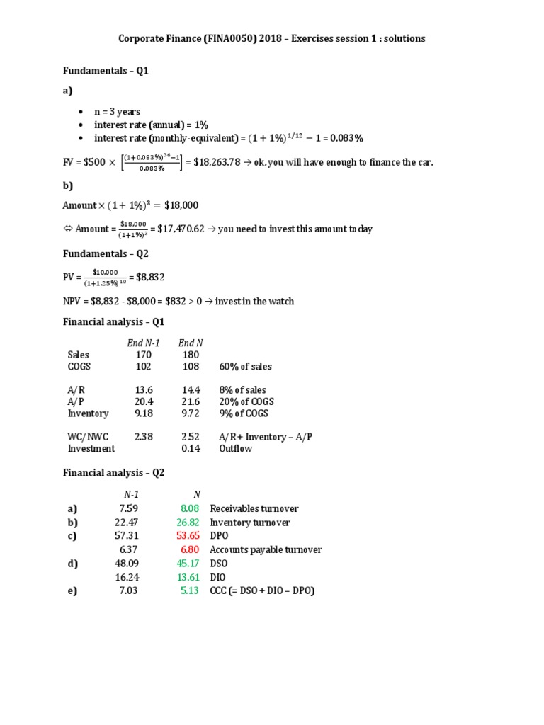 Corporate Finance - Exercises Session 1 - Solutions | PDF | Leverage ...