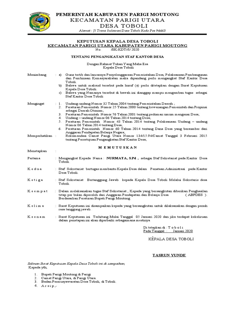SK STAF BALAI DESA TOBOLI (Staf Kaur Umum) | PDF