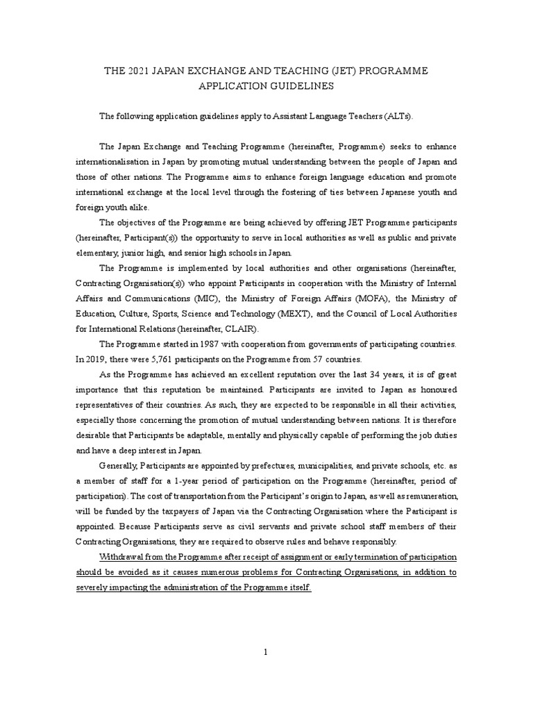 The 2021 Japan Exchange and Teaching (Jet) Programme Application ...