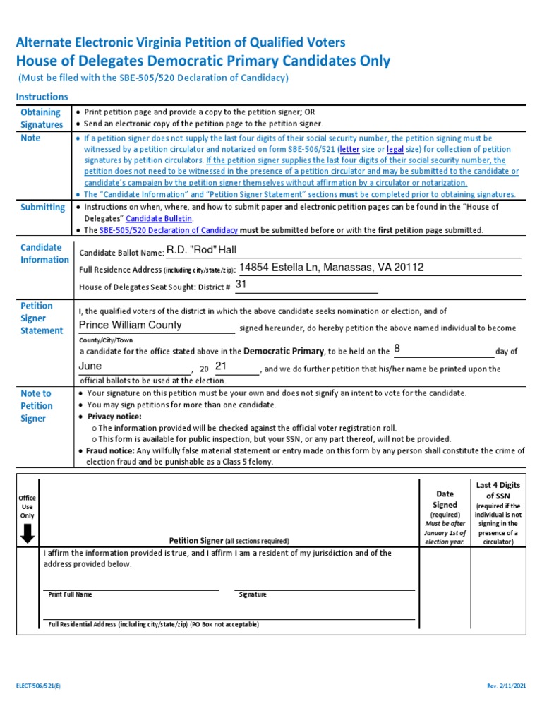 ELECT 506 521 (E) Electronic Petition of Qualified Voters Dem HoD Rev 2-11-2021 (Fillable) | PDF ...
