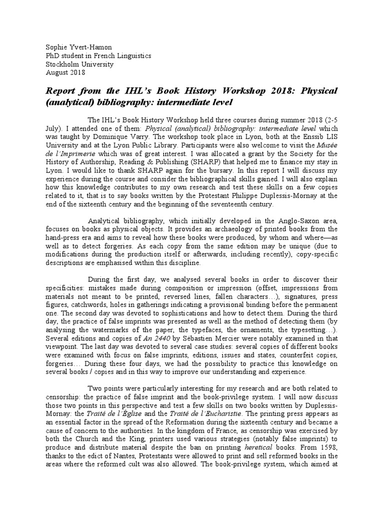 Report From The IHL's Book History Workshop 2018: Physical (Analytical ...