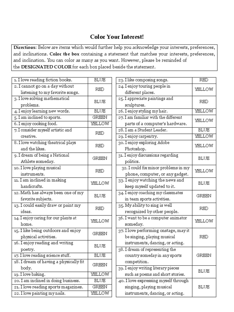 Color Your Interest!: Directions: Below Are Items Which Would Further ...