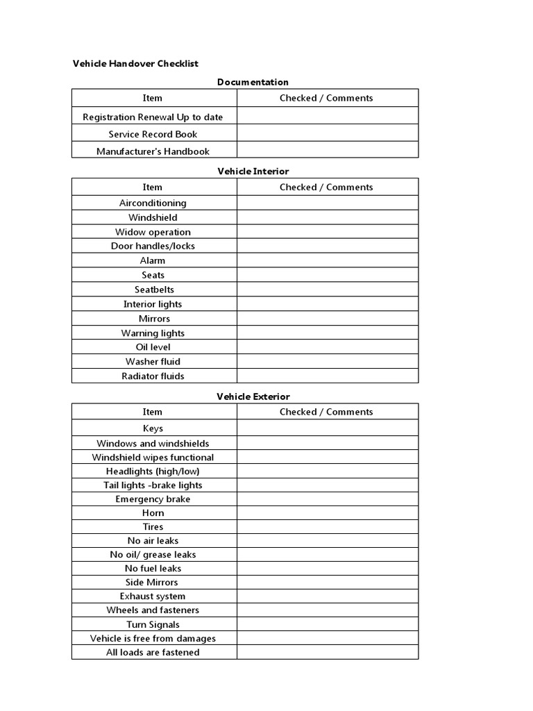 Vehicle Handover Checklist Excel | PDF