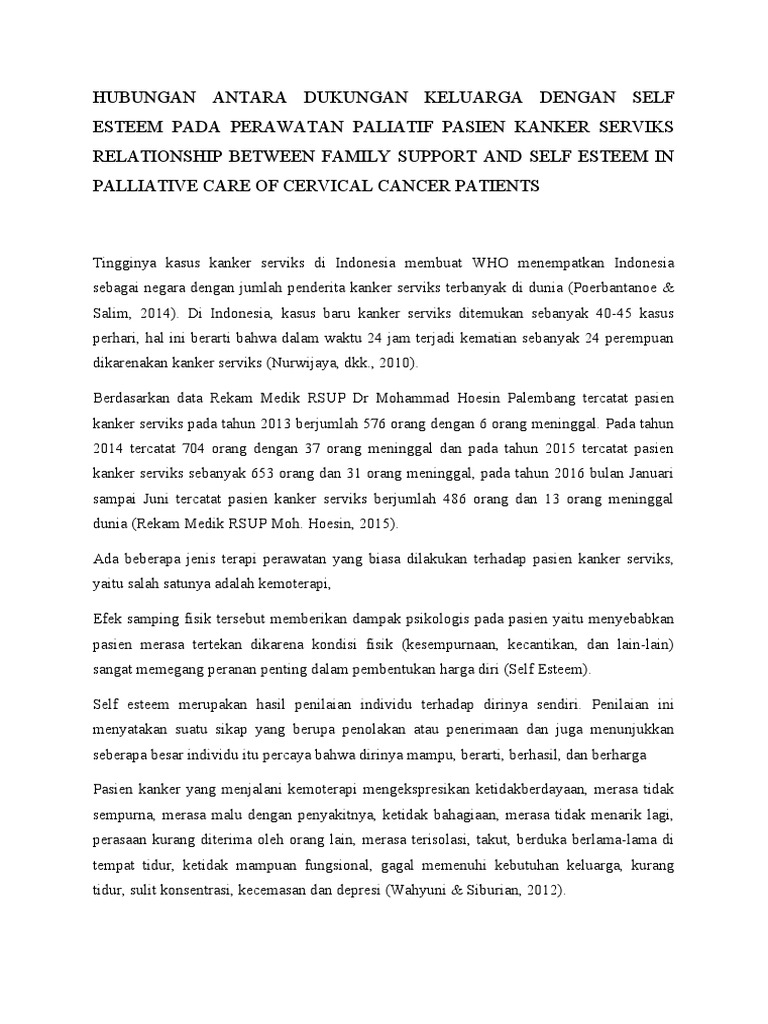 Hubungan Antara Dukungan Keluarga Dengan Self Esteem Pada Perawatan Paliatif Pasien Kanker ...