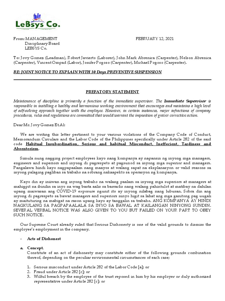 Re: Joint Notice To Explain With 30 Days Preventive Suspension | PDF ... Re: Joint Notice To Explain With 30 Days Preventive Suspension | PDF ...