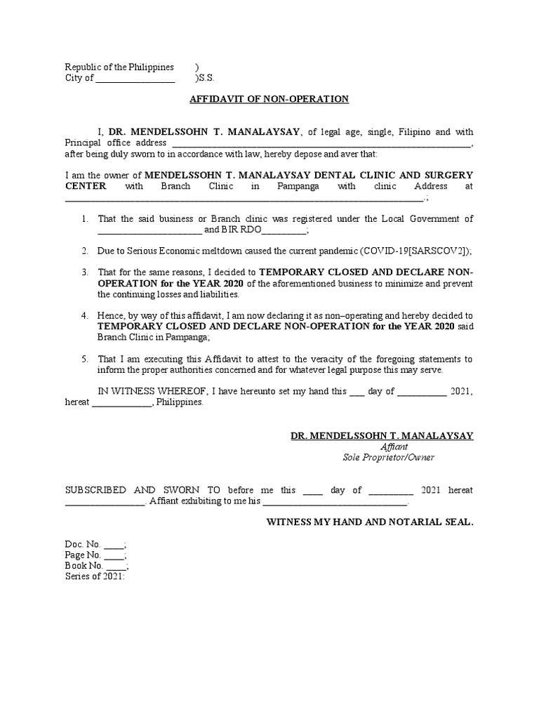 Affidavit of Non-Operation - Manalaysay Clinic | PDF