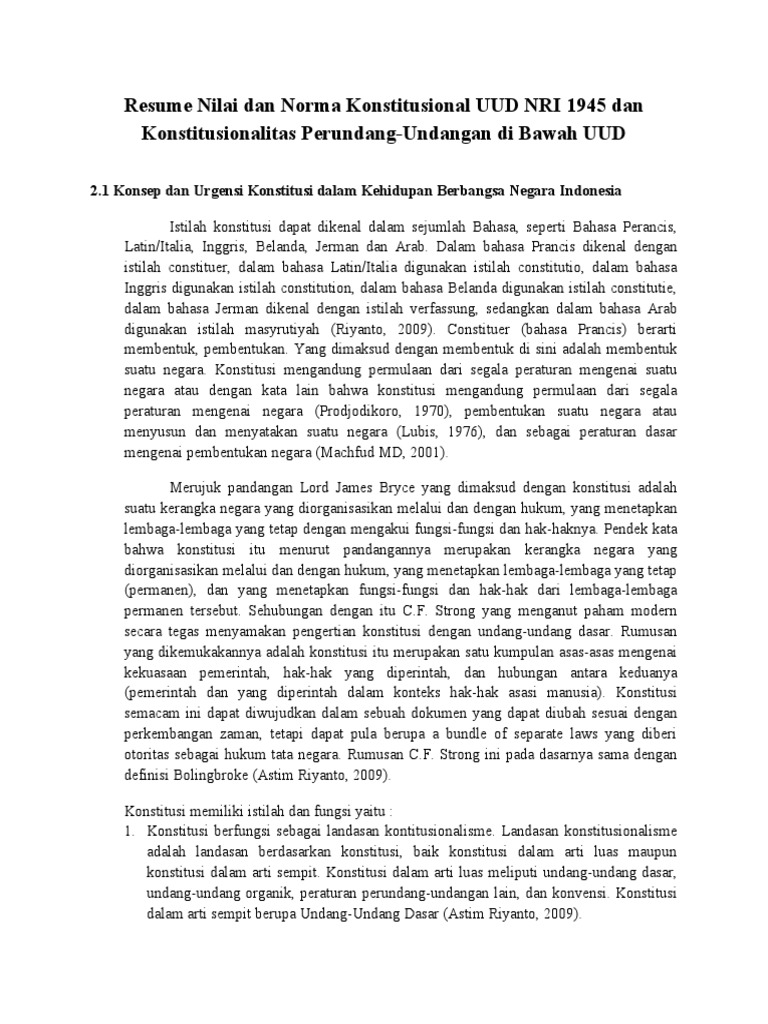 Resume Nilai Dan Norma Konstitusional UUD NRI 1945 Dan Konstitusionalitas Perundang | PDF ...
