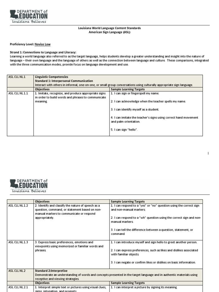 Louisiana ASL Content Standards | PDF | American Sign Language | Sign ...