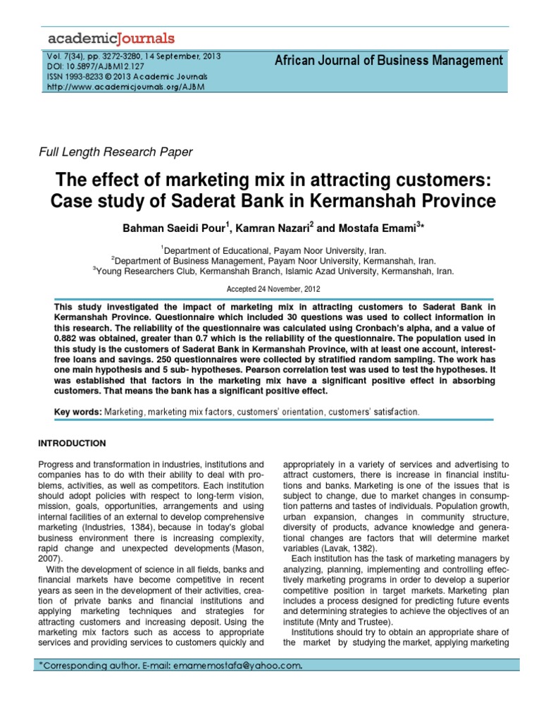 The Effect of Marketing Mix in Attracting Customers: Case Study of Saderat Bank in Kermanshah ...