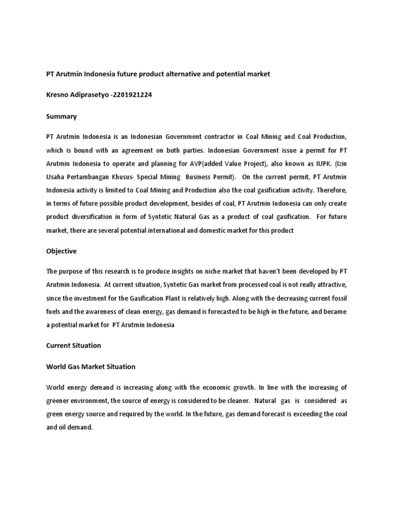 PT Arutmin Indonesia Future Product Alternative and Potential Market ...