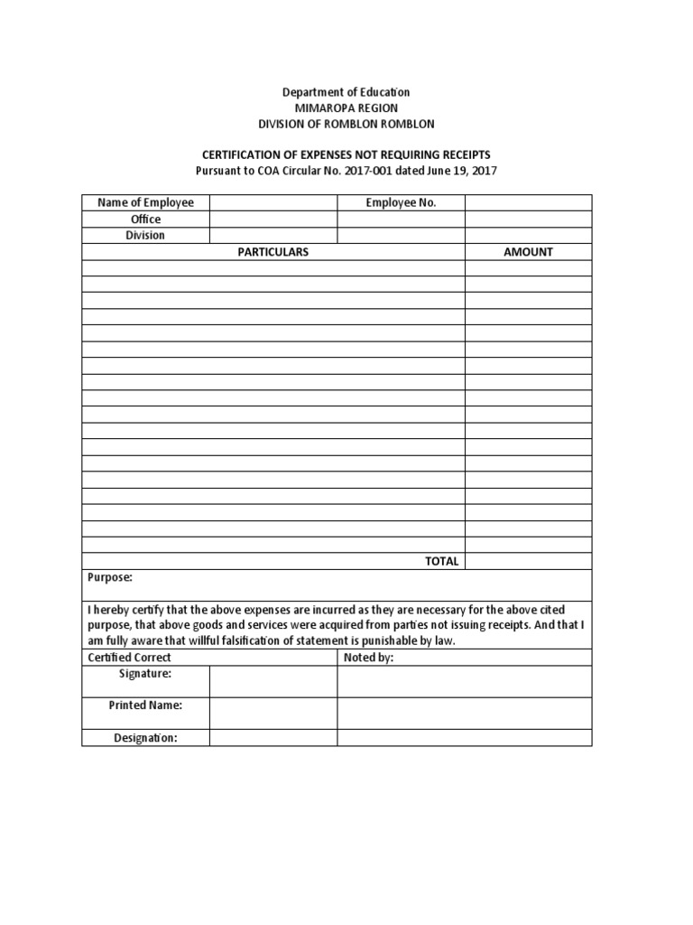 Certification of Expenses Not Requiring Receipts | PDF