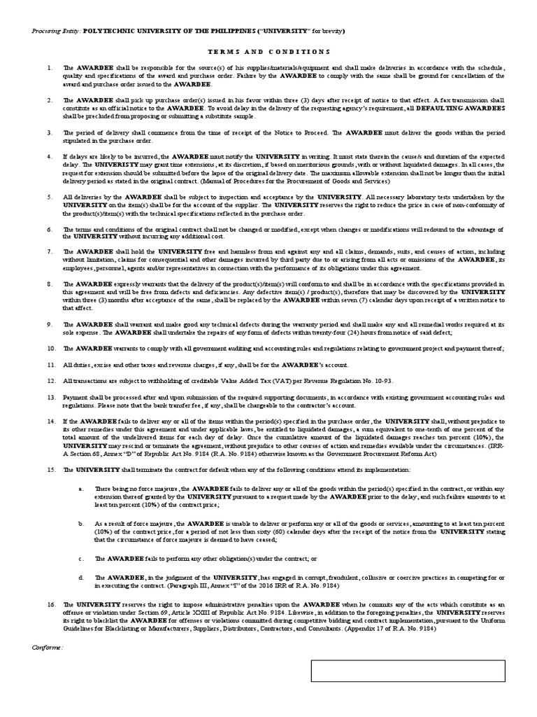 Draft of The Revised Terms and Conditions in The Purchase Order | PDF ...