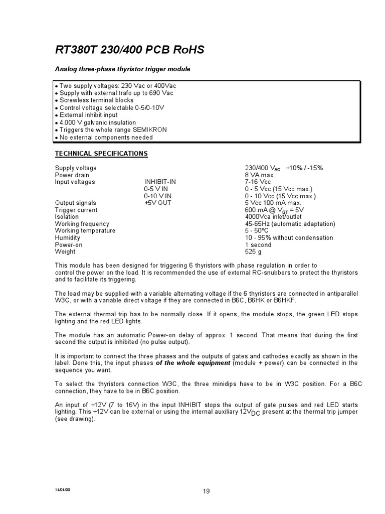 Rt380T 230/400 PCB Rohs: Analog Three-Phase Thyristor Trigger Module | PDF | Electrical ...