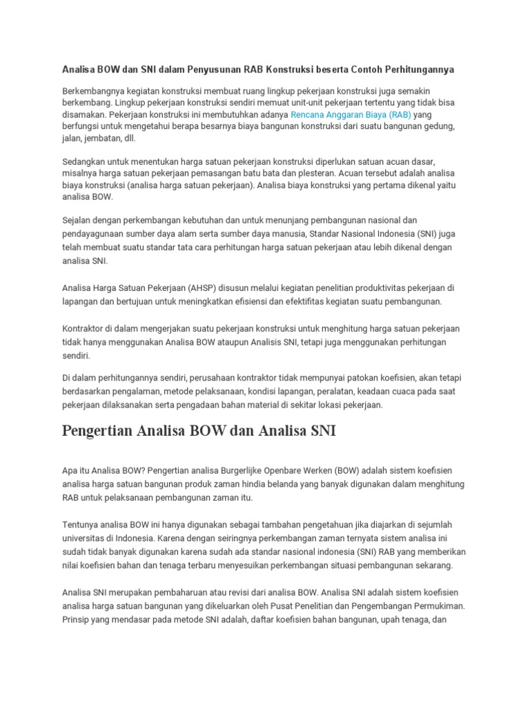Analisa BOW Dan SNI Dalam Penyusunan RAB Konstruksi | PDF