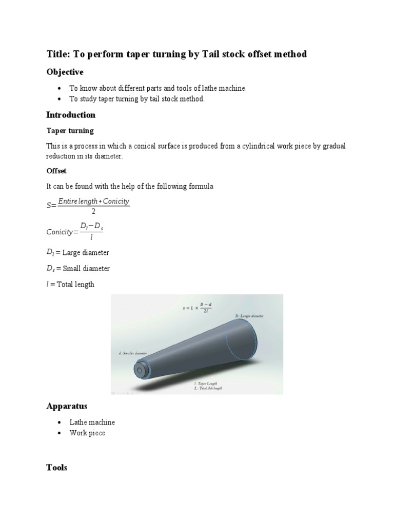 Taper Turning Using Tailstock Offset Method | PDF