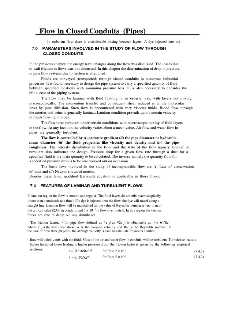 Flow in Closed Conduits (Pipes) | PDF | Fluid Dynamics | Reynolds Number