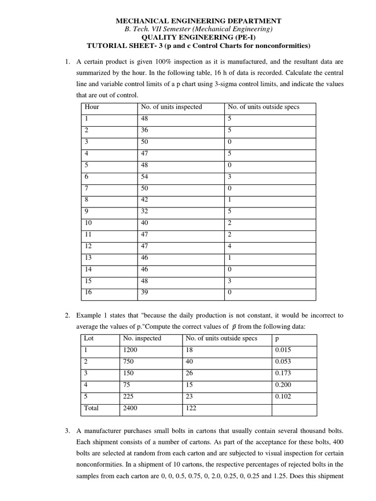 Quality Engineering - Tut. Sheet 3 2020 | PDF | Statistics | Science