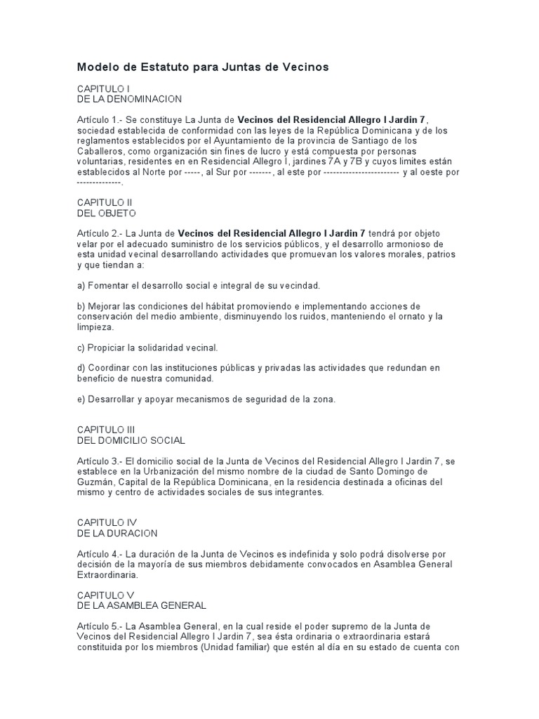 Modelo de Estatuto para Juntas de Vecinos La Castellana STO DGO | PDF | Asamblea General de las ...