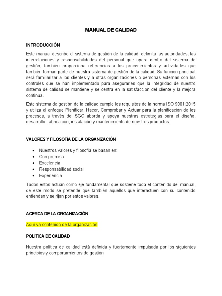 Manual de Calidad | Descargar gratis PDF | Gestión de la calidad | Calidad (comercial)
