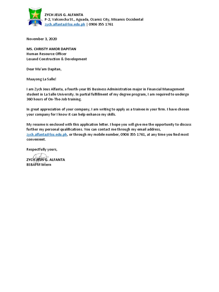 Application Letter OJT | PDF